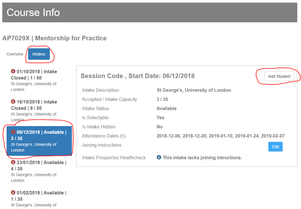 Step 2: Select the intake date to add the student – Wozzad Help Centre